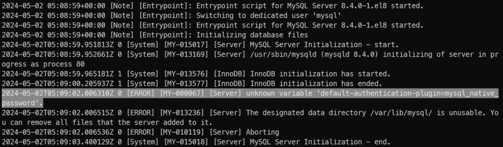 MySql 8.4 Docker unknown variable ‘default-authentication-plugin=mysql_native_password’ – ′未那。